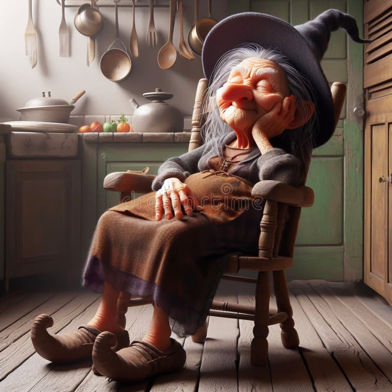 3D Funny Elderly Witch Cartoon Sleeping in the Kitchen. AI Generated ...