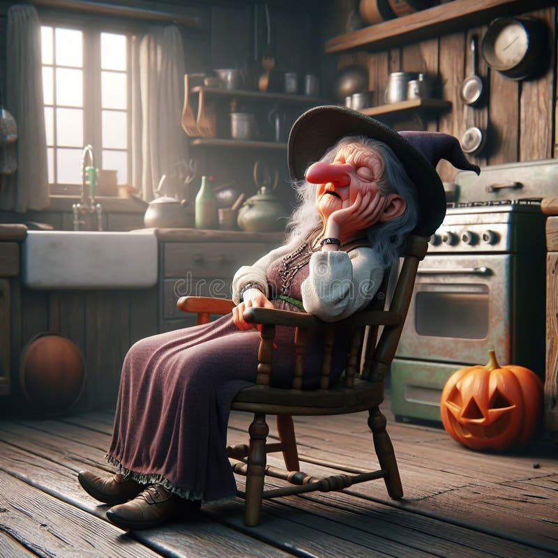 3D Funny Elderly Witch Cartoon Sleeping in the Kitchen. AI Generated ...