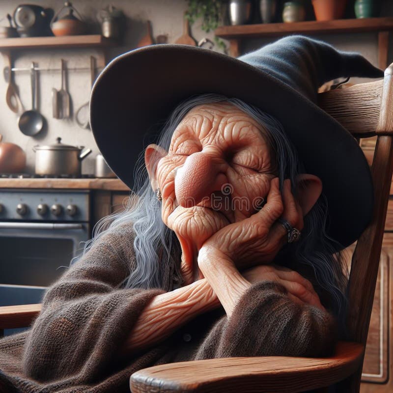 3D Funny Elderly Witch Cartoon Sleeping in the Kitchen. AI Generated ...