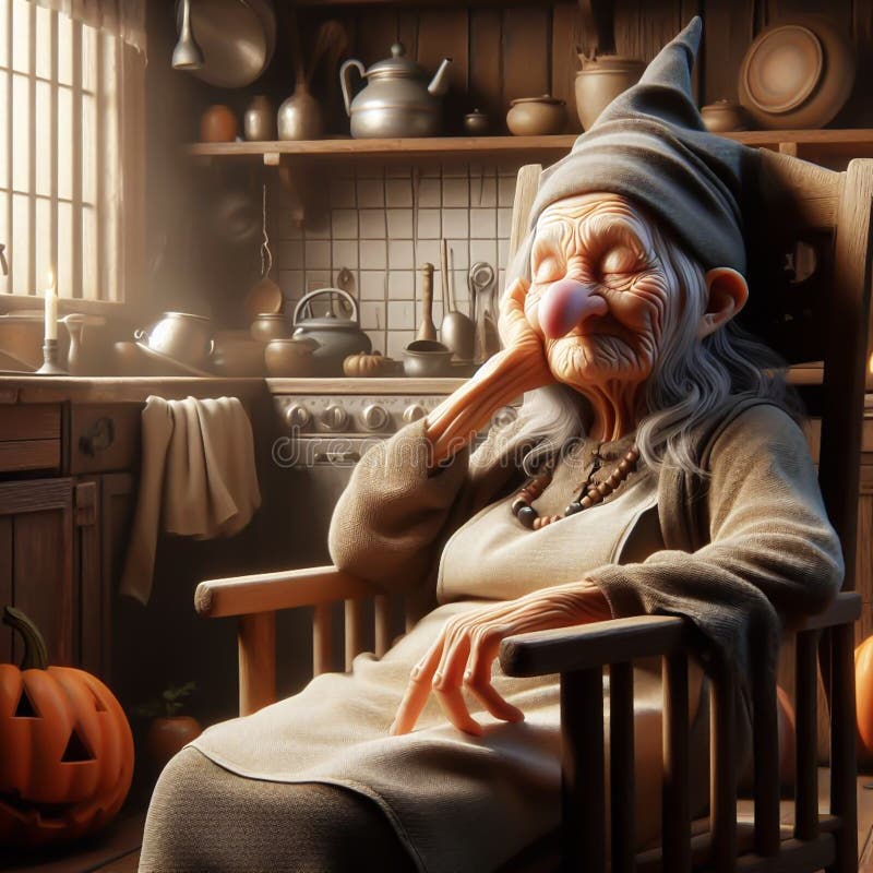 3D Funny Elderly Witch Cartoon Sleeping in the Kitchen. AI Generated ...