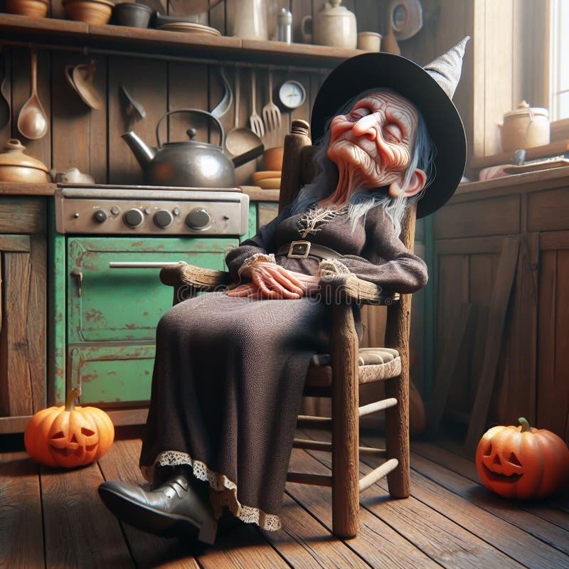 3D Funny Elderly Witch Cartoon Sleeping in the Kitchen. AI Generated ...