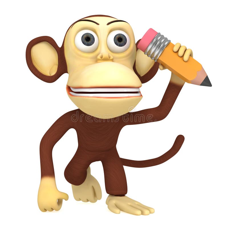 3d Funny Monkey with Pencil Stock Illustration - Illustration of note ...