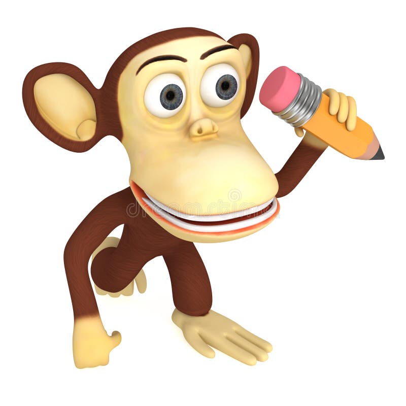3d Funny Monkey with Pencil Stock Illustration - Illustration of pencil ...