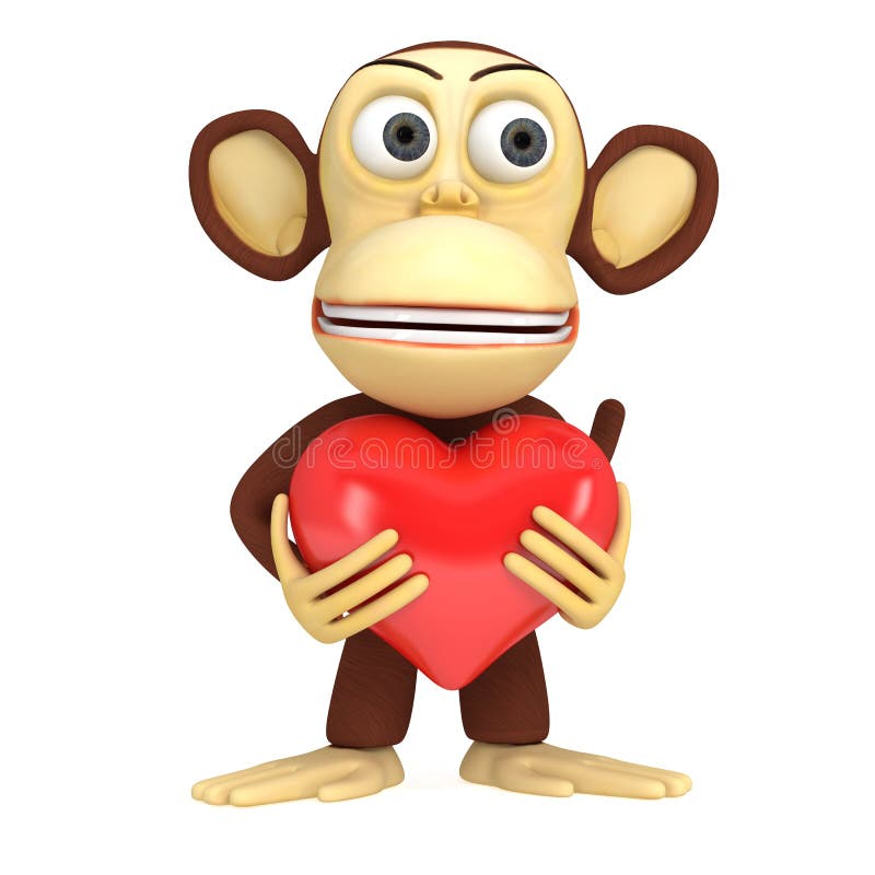 3d Funny Monkey with Red Heart Stock Illustration - Illustration of ...