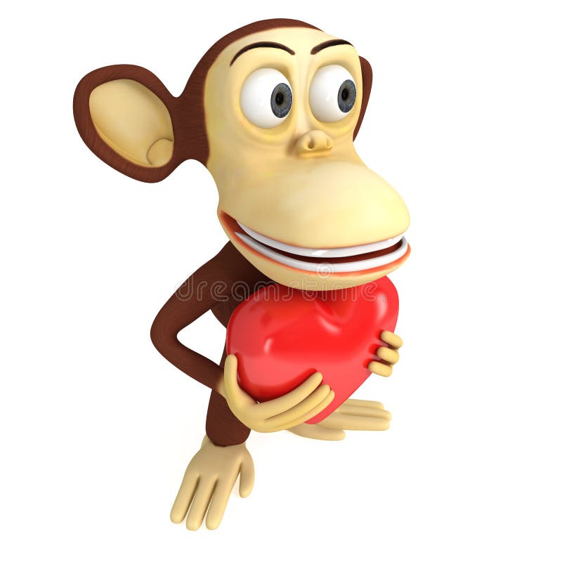 3d Funny Monkey with Red Heart Stock Illustration - Illustration of ...