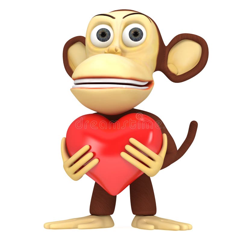 3d Funny Monkey with Red Heart Stock Illustration - Illustration of ...