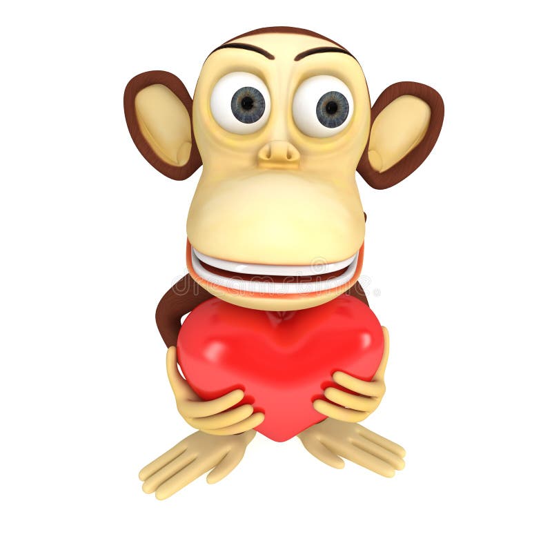 3d Funny Monkey with Red Heart Stock Illustration - Illustration of ...