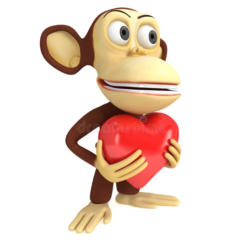 3d Funny Monkey with Red Heart Stock Illustration - Illustration of ...