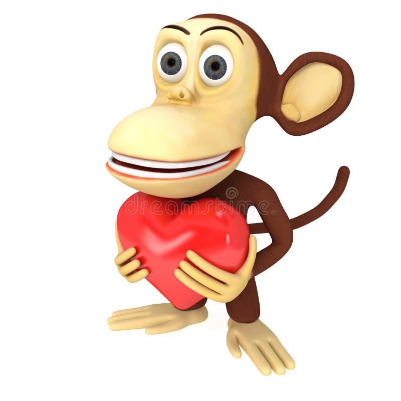 3d Funny Monkey with Red Heart Stock Illustration - Illustration of ...