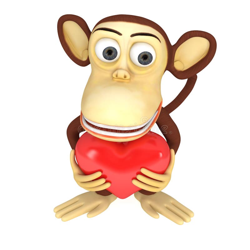 3d Funny Monkey with Red Heart Stock Illustration - Illustration of ...