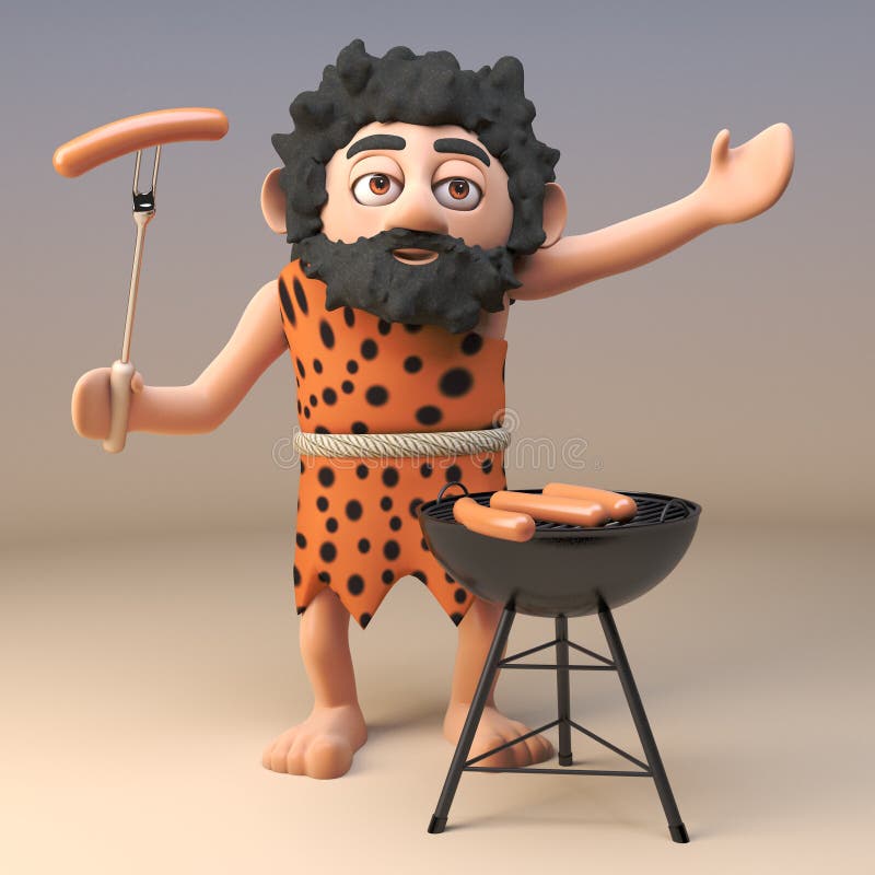 3d Funny Primitive Caveman Character Cooking on a Barbecue Bbq, 3d ...