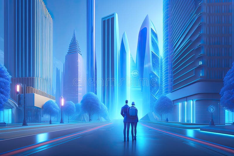 3D Futuristic Modern Sci Fi City. Blue Background Generative AI Stock ...