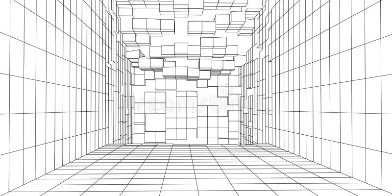 3D Wireframe Room on Blue Background. Abstract Perspective Grid. Vector ...