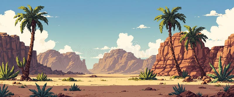 2d Game Scene with Desert Landscape with Palm Tree and Canyons Pixel ...