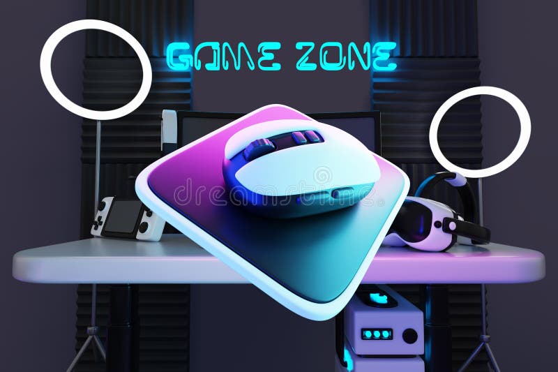 3d Game Zone with Flying Computer Mouse on Pad. Night Room Interior ...