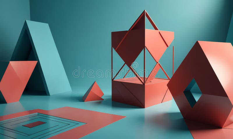 3D Geometric Composition Features Red Cube, Triangular Pyramid, and ...