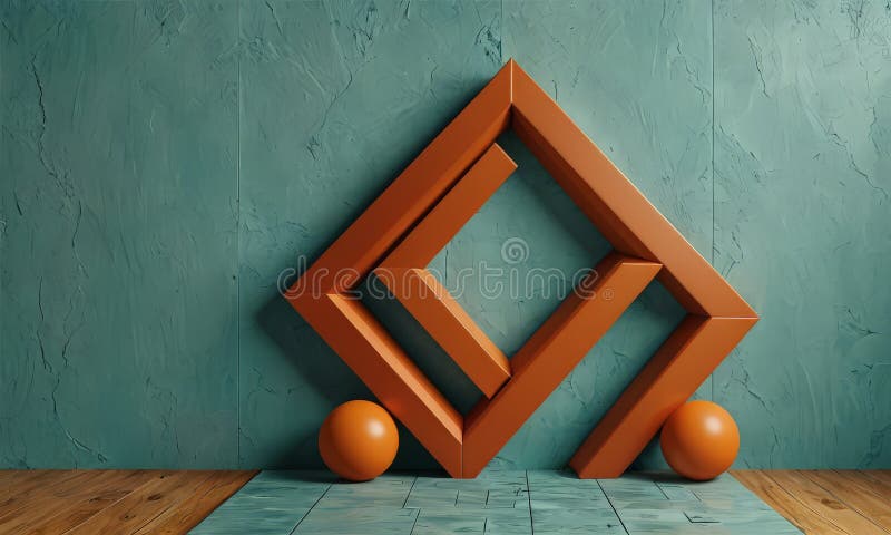 3D Geometric Design with Large Orange Triangle and Two Orange Spheres ...