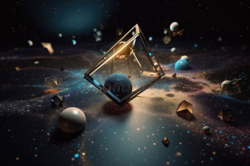 3d Geometric Form Floating in Space, with Stars and Planets Visible in ...