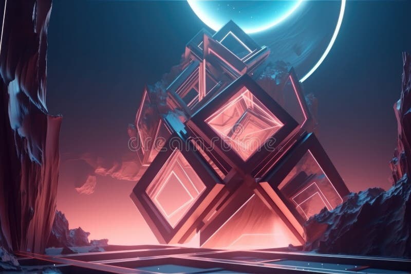 3d Geometric Form and Structure Floating in Space, with Stars and ...