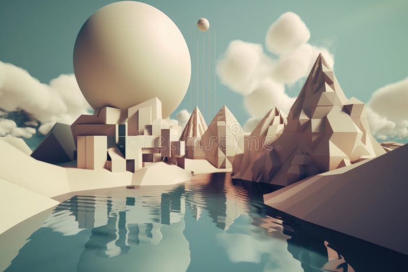 3d Geometric Forms and Structures in Surreal Landscape, with Floating ...