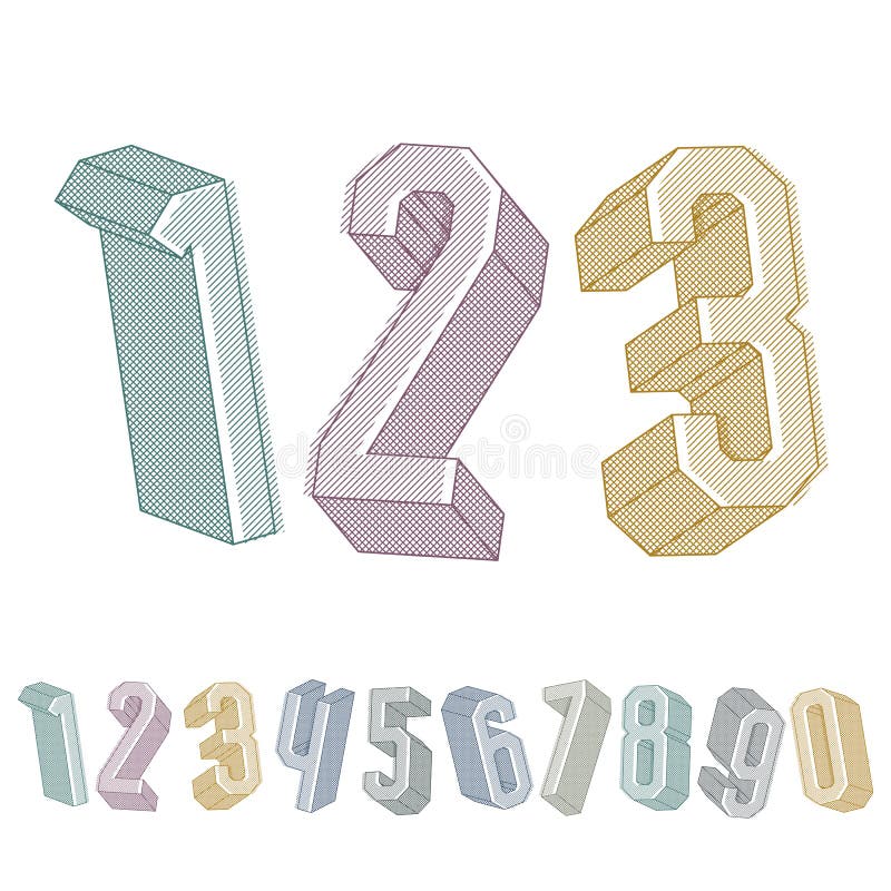 3d Geometric Numbers Set with Lines Textures. Stock Vector ...