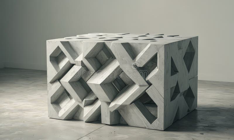 3D Geometric Sculpture Composed Numerous Cubes and Rectangles Stands on ...