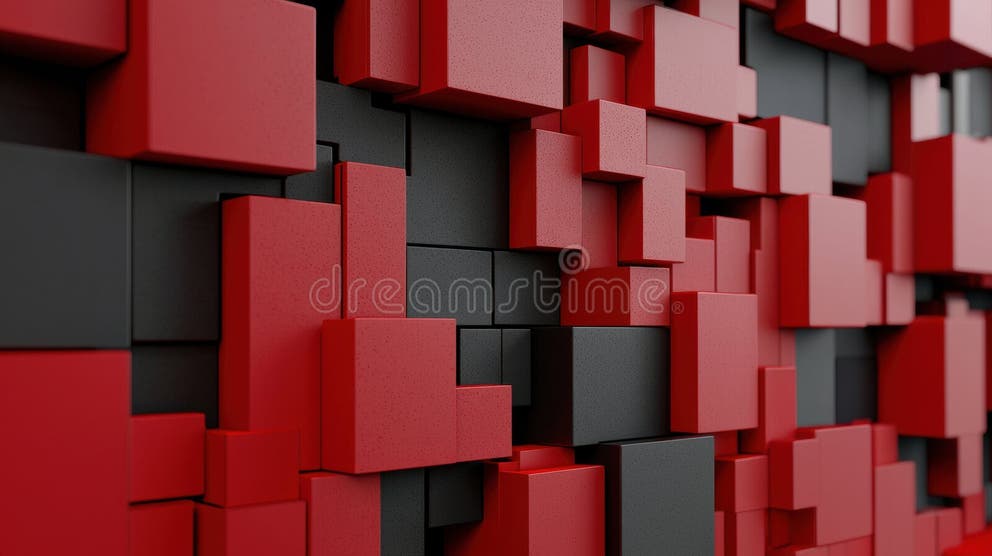3D Geometric Wall Made Up of Red and Black Cubes Arranged in an ...