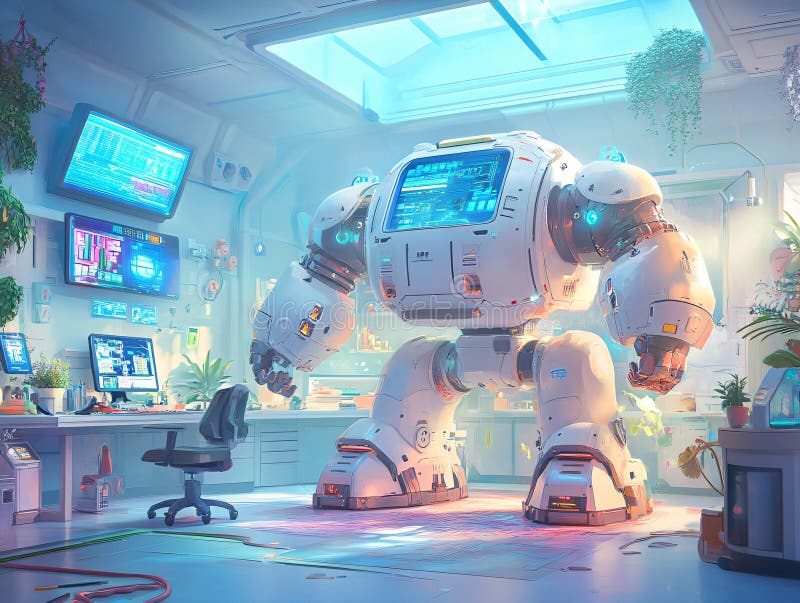 3D Giant Robot Being Assembled in a Bright, High-tech Lab. Stock ...