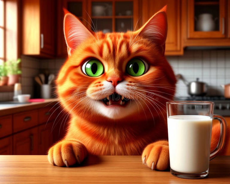 3d Ginger Cat and a Glass of Milk Stock Illustration - Illustration of ...
