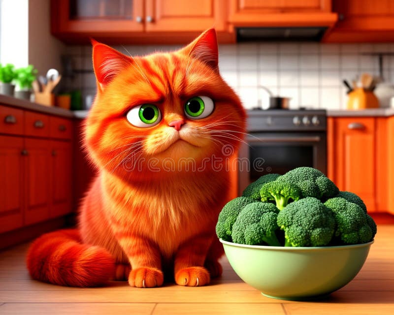 3D Ginger Cat with Green Eyes Sits in Front of a Bowl of Broccoli with ...