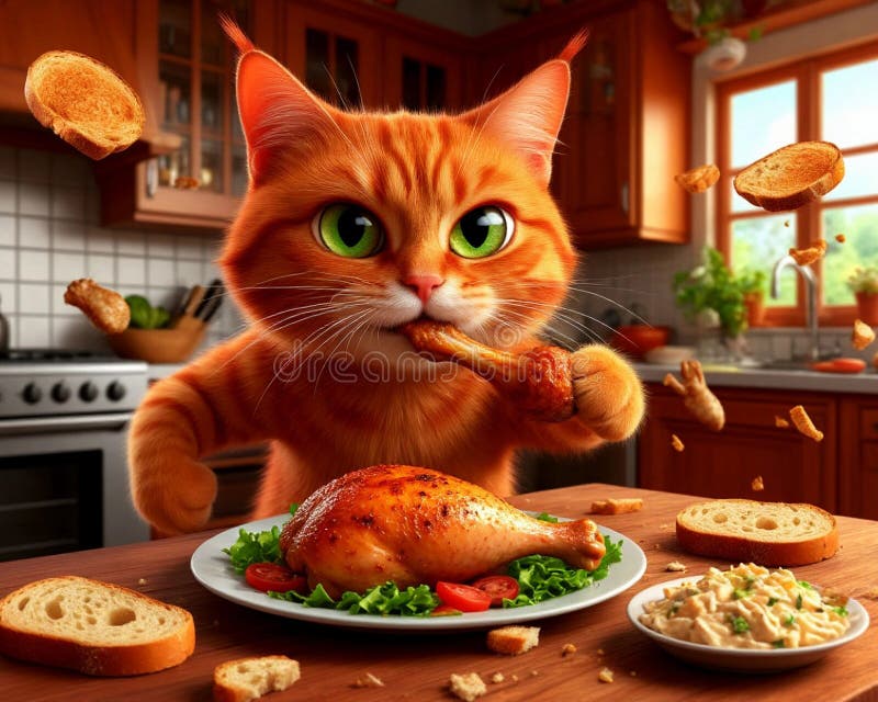 3D Ginger Cat Kitchen Bully Steals Chicken Stock Illustration ...