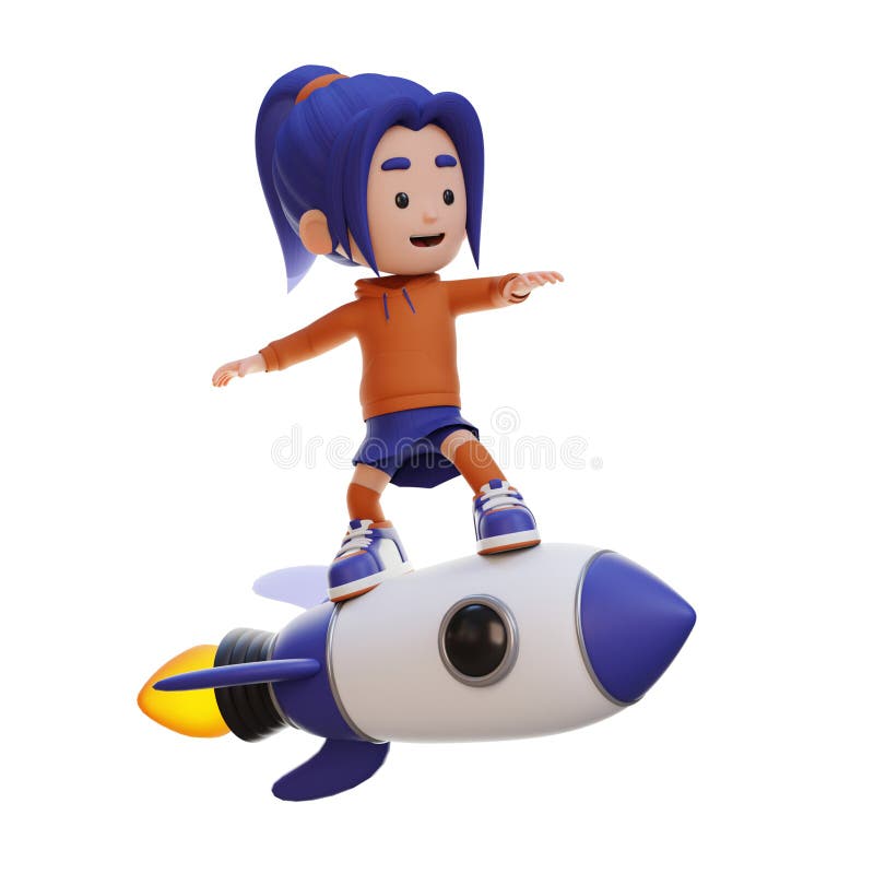 3D Girl Character Standing Riding a Rocket Stock Photo - Illustration ...