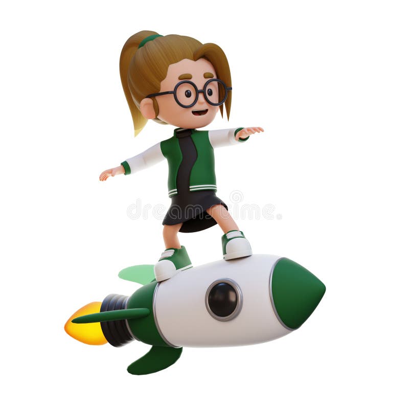 3D Girl Character Standing Riding a Rocket Stock Photo - Illustration ...