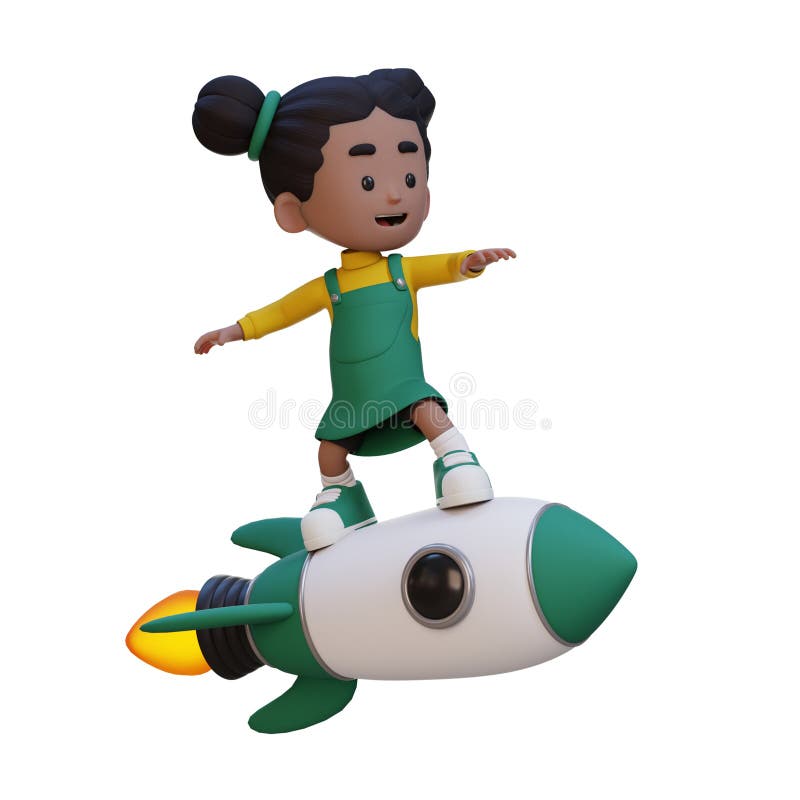 3D Girl Character Standing Riding a Rocket Stock Photo - Illustration ...