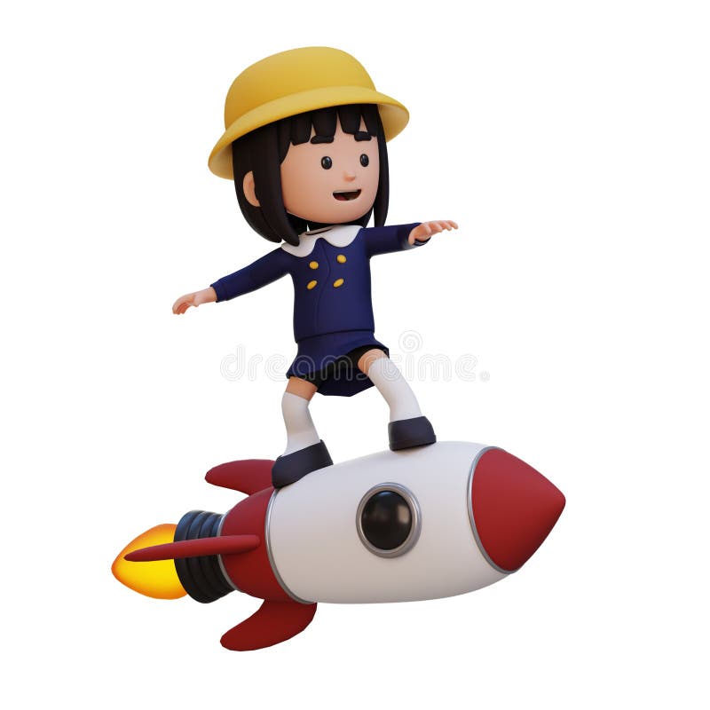 3D Girl Character Standing Riding a Rocket Stock Image - Illustration ...