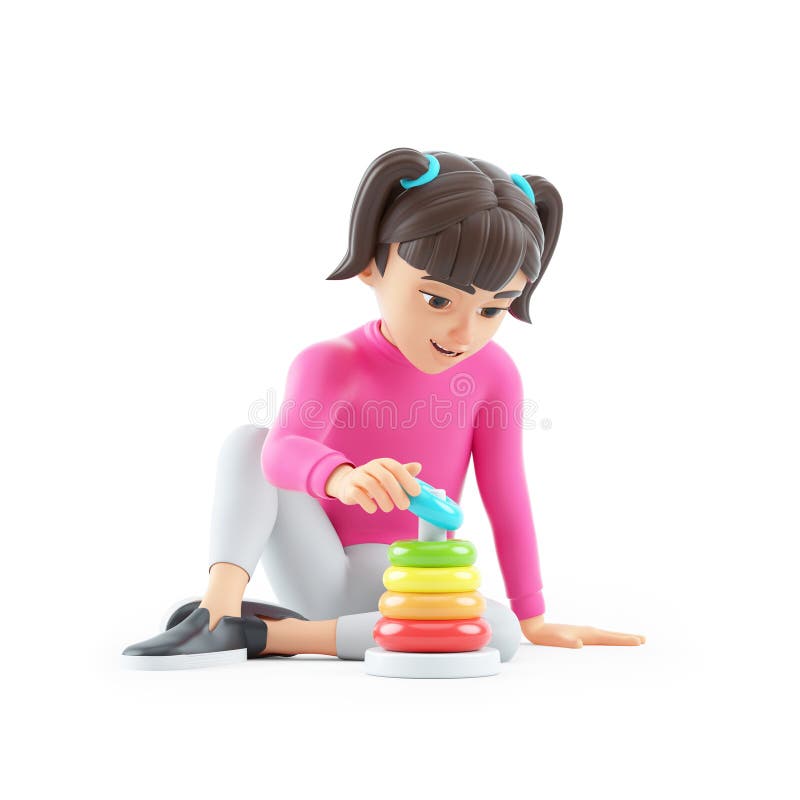3d Girl Playing with Ring Stacker Toy Stock Illustration - Illustration ...