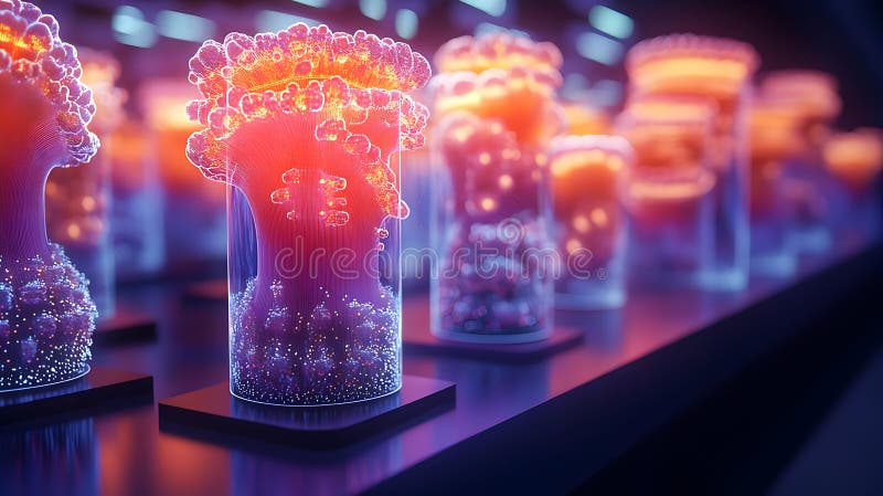 3D Glass Cylinder with Neon Lights and Abstract Forms Stock ...