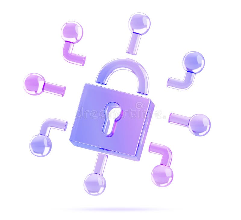 3d Glass Holographic Cyber Security Icon. Gradient Padlock with Lines ...