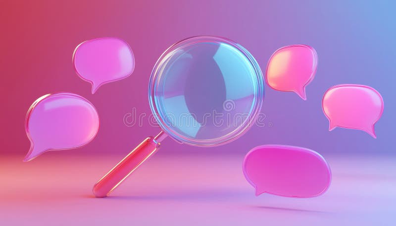 3d Glass Magnifier Notification with Bubble Speech Floating Around ...