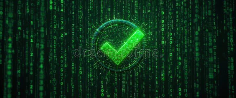 A 3D Glitching Green Check Mark within a Digital Matrix, Symbolizing ...