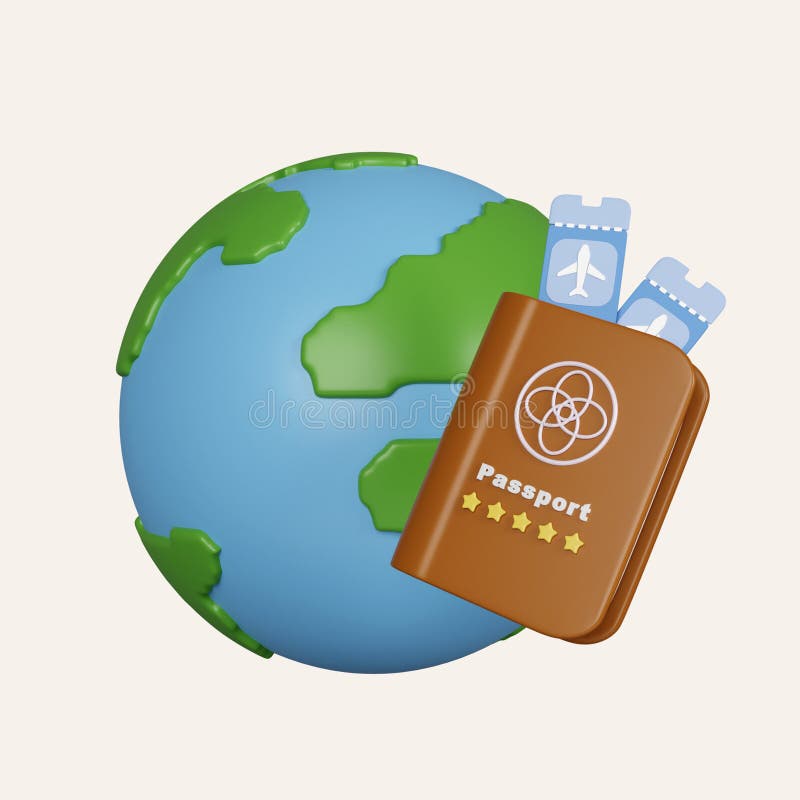3D Globe Airplane Ticket and Brown Passport Icon. Identification ...