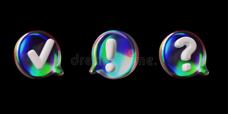 3D Glossy Holographic Round Glass Speech Bubbles with Check Mark, Question Mark and Exclamation ...