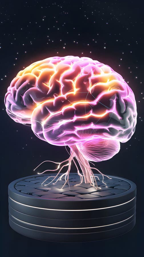 3D Glowing Brain with Pink Orange Hues, Illuminated Neural Pathways on ...