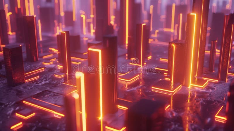 3D Glowing Grid City with Neon Lights Glowing in the Dark Stock ...
