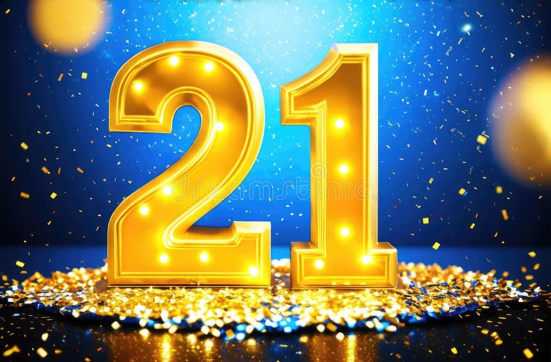 3d Glowing Number Twenty One on Blue Background with Bokeh. Birthday ...