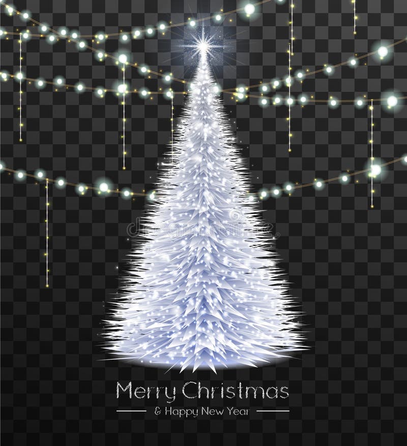 3D Glowing Silver Christmas Tree with String of Lights Isolated on ...