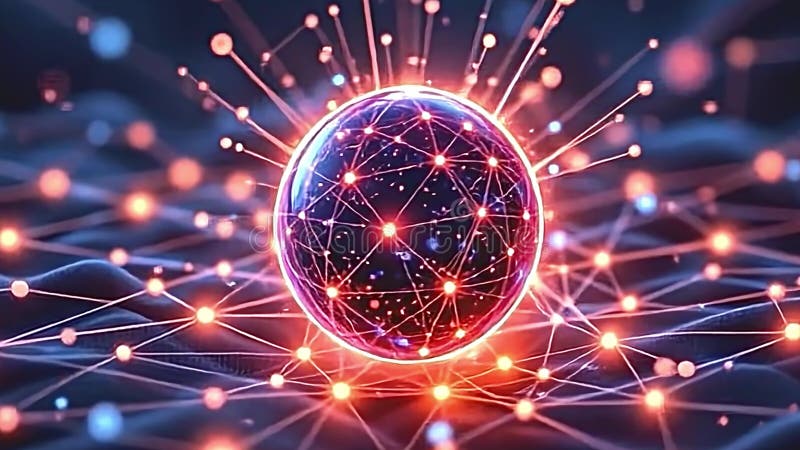 3D Glowing Sphere Surrounded by Radiant Abstract Nodes, Interconnected Digital Network ...