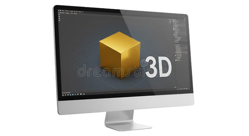 3D Gold Cube Render on a Computer Screen Stock Illustration ...