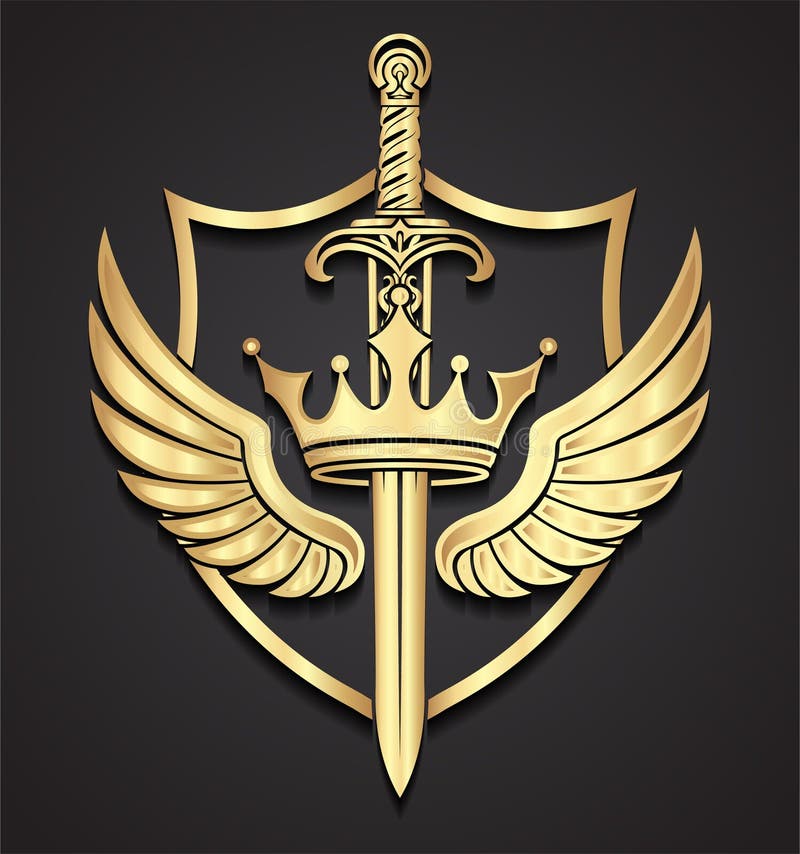 3d Gold Heraldry Symbol with Winged Crown and Sword Logo Stock Vector ...