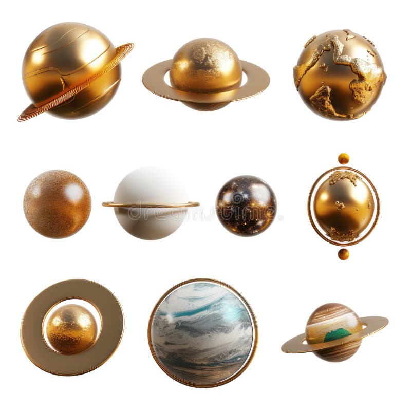 3D Gold Planets and Moons in White Background Stock Illustration ...